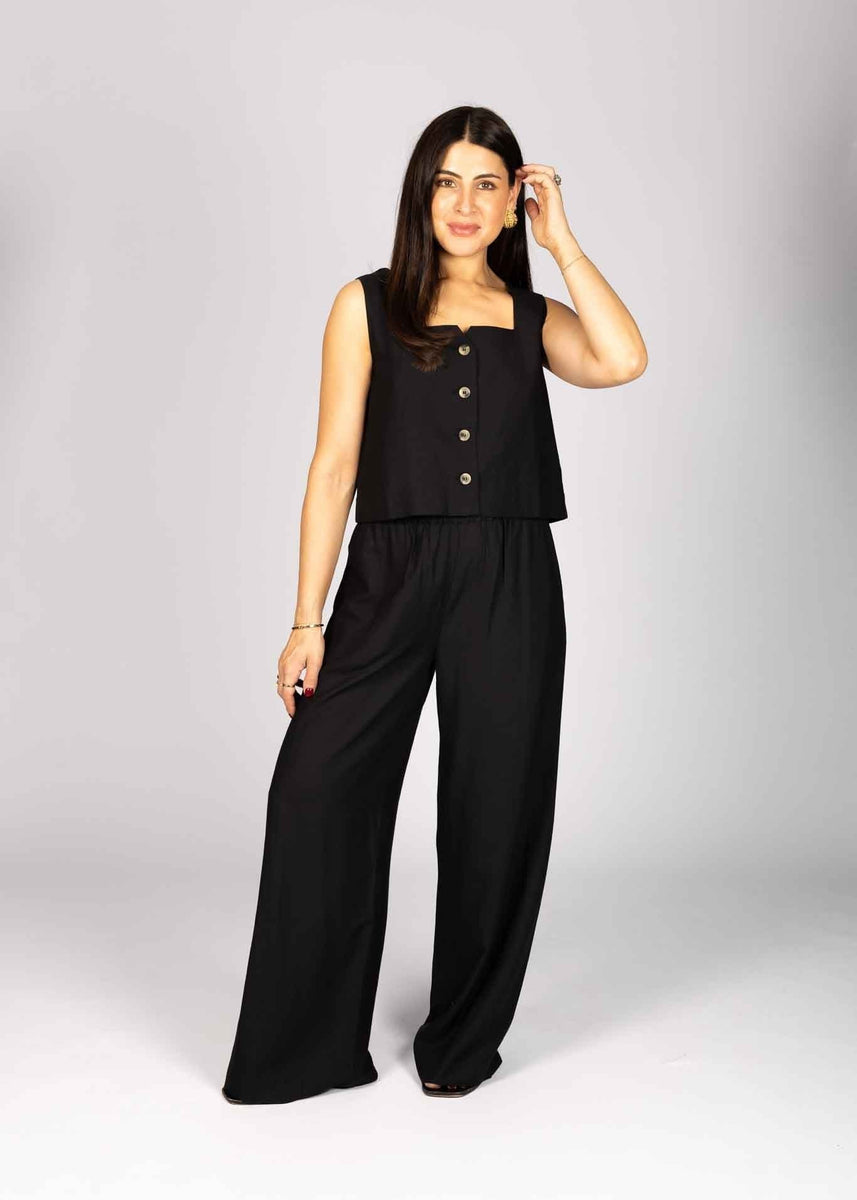 LINEN BLEND WIDE LEG TROUSERS - BLACK – WAT THE BRAND