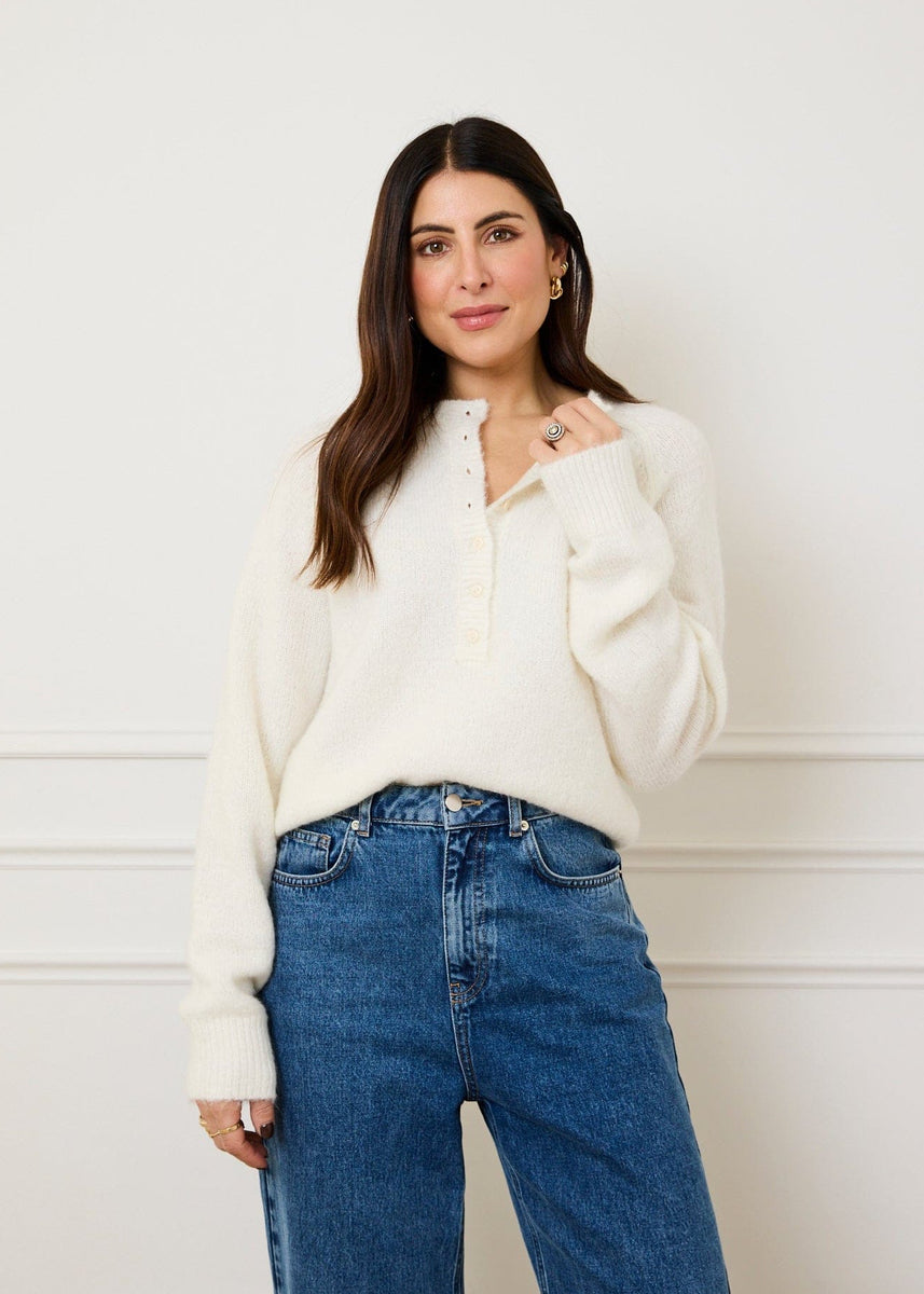 BRUSHED HENLEY KNIT - CREAM – WAT THE BRAND